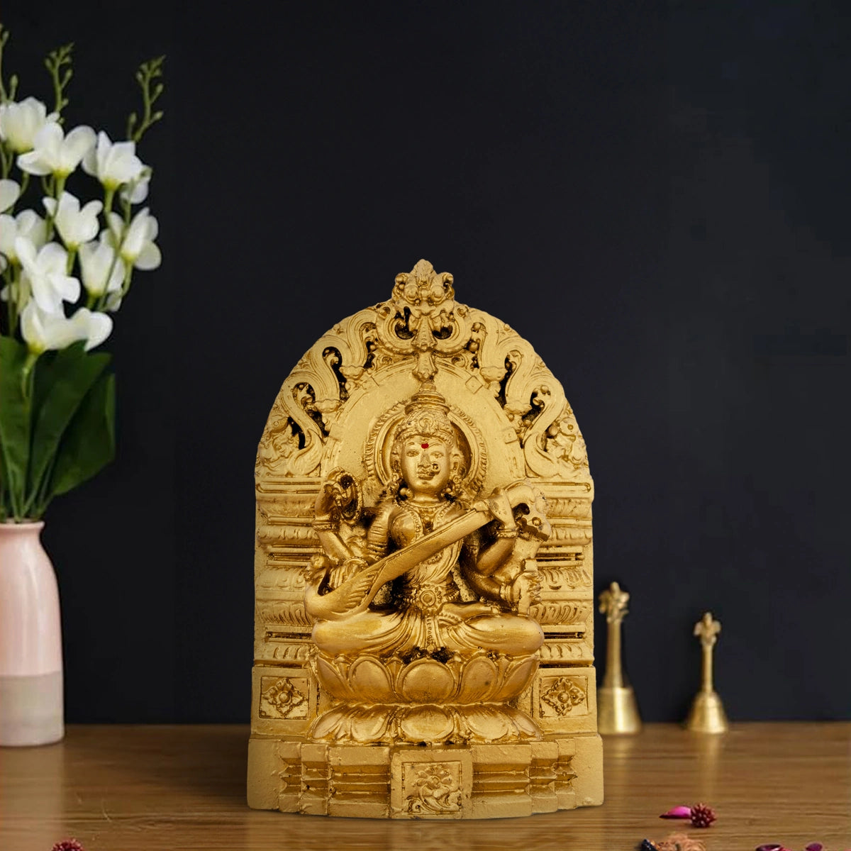 Saraswati Murti With Arch - 6 x 4 Inches | Resin Statue/ Gold Polish S ...
