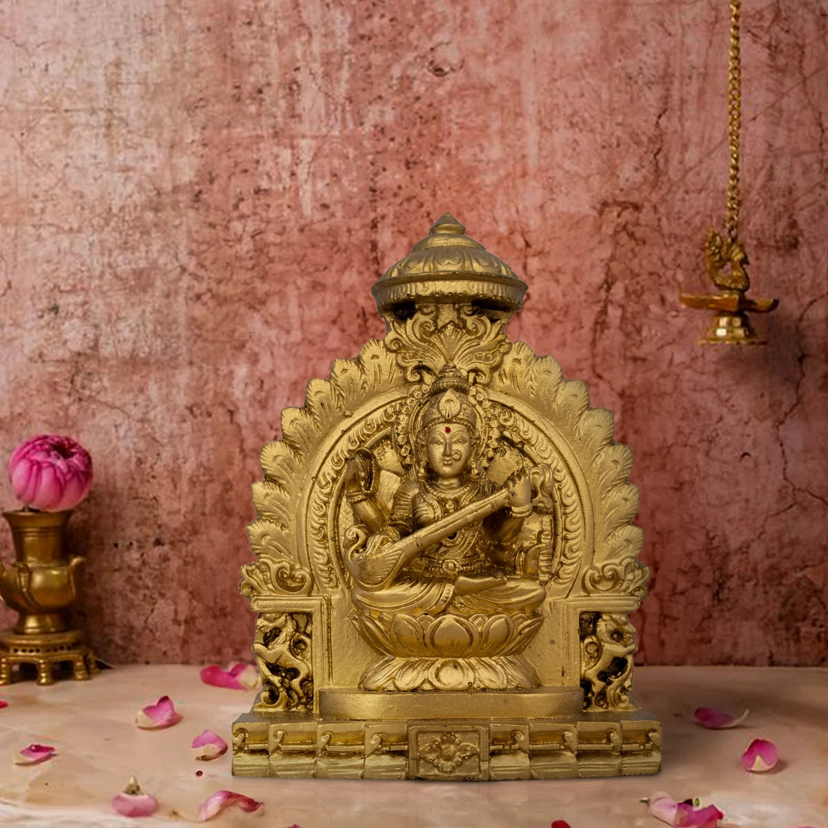 Simhasan Saraswati Murti - 5 x 4 Inches | Resin Statue/ Gold Polish Sa ...