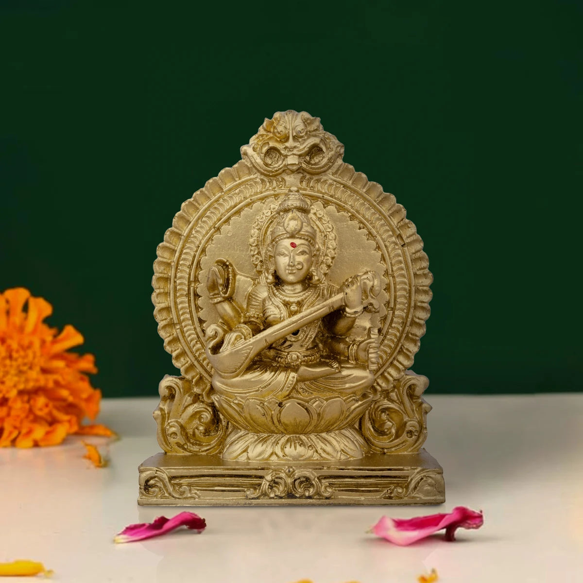 Saraswati Murti With Arch - 4.5 x 3.25 Inches | Resin Statue/ Gold Pol ...